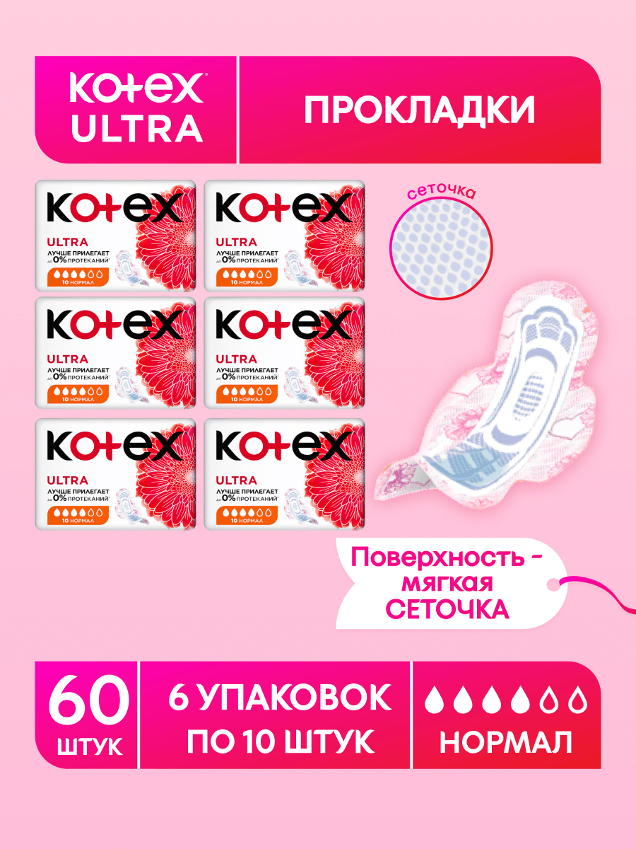 Прокладки женские Kotex Ultra Нормал гигиенические, 60 шт