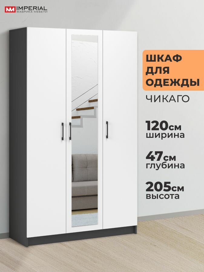 Шкаф распашной для одежды Чикаго 3д 1 зеркало, антрацит/белый