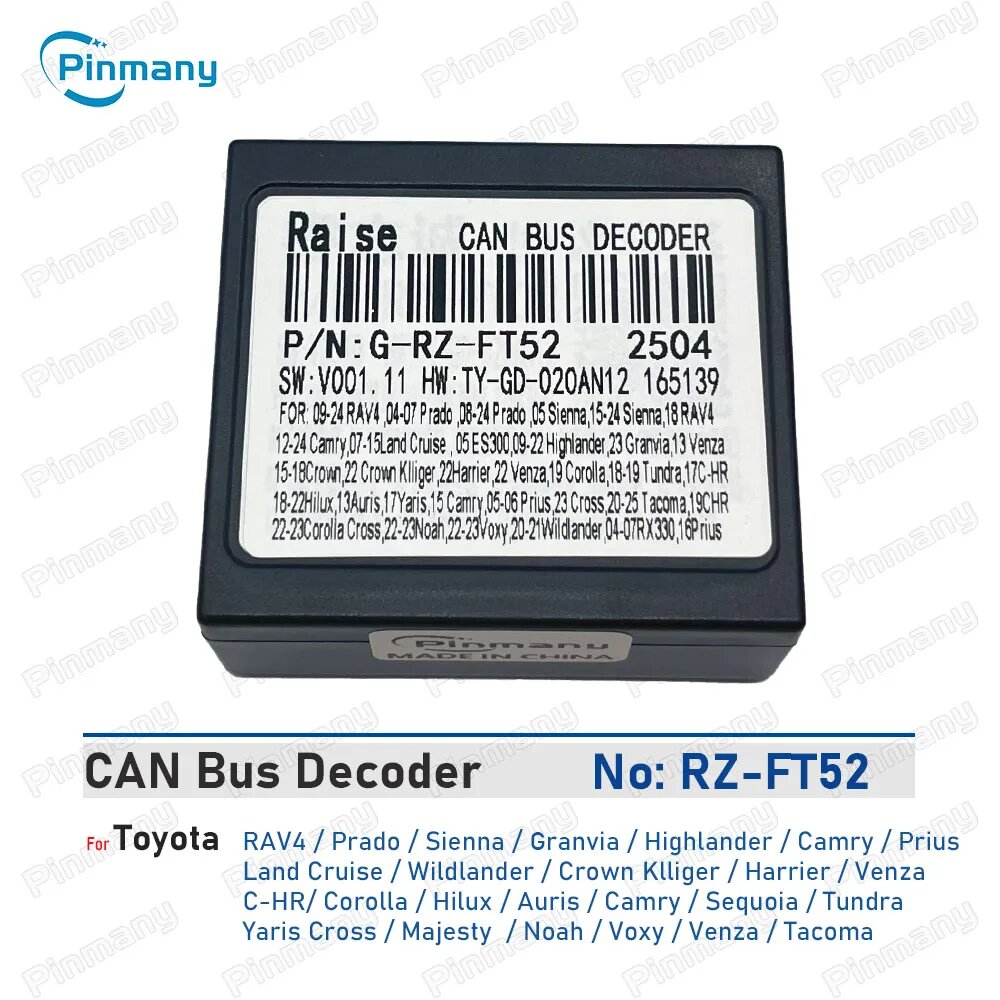 Декодер CAN-шины для автомобилей RAISE RZ-FT52 для Corolla, Hilux, Camry, Sequoia, Tundra, Prius, Yaris Cross, Majesty, Noah, Voxy, Venza, Tacoma, Auris