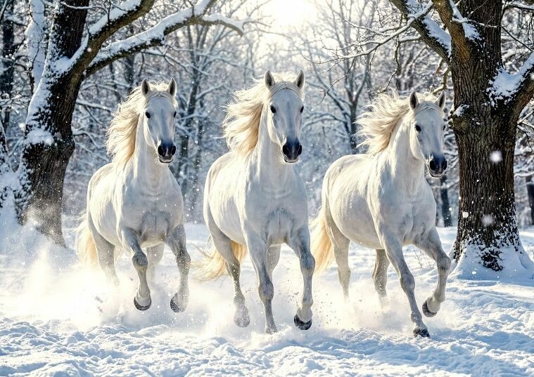 "Тройка белых лошадей в зимнем лесу" 42*59 см. Плакат А2_028.