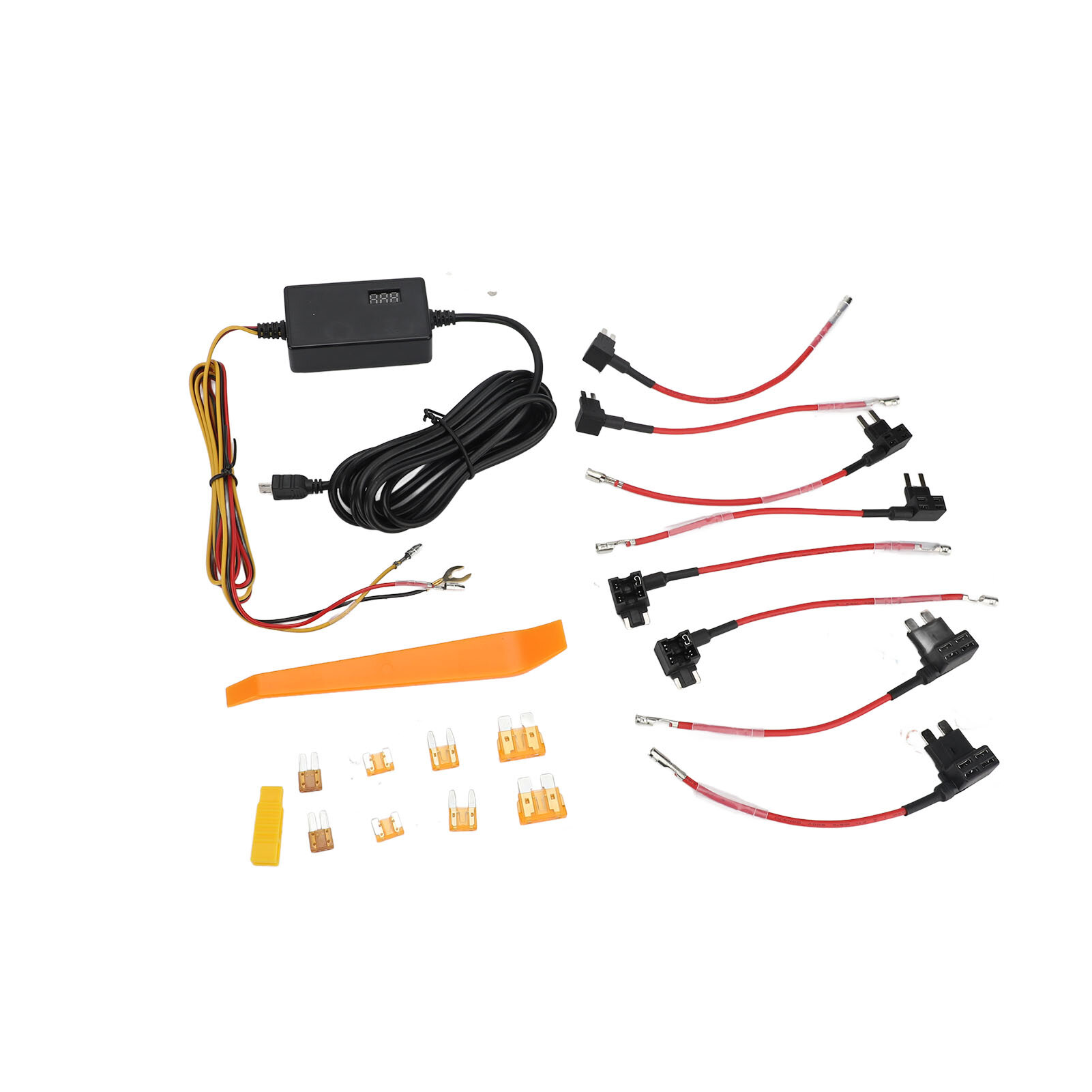Комплект для подключения видеорегистратора к электросети с 8 предохранителями, 12 В (24 В) – 5 В (3 А), цифровым дисплеем, кабелем питания для круглосуточного мониторинга парковки, микропрямой кабель.
