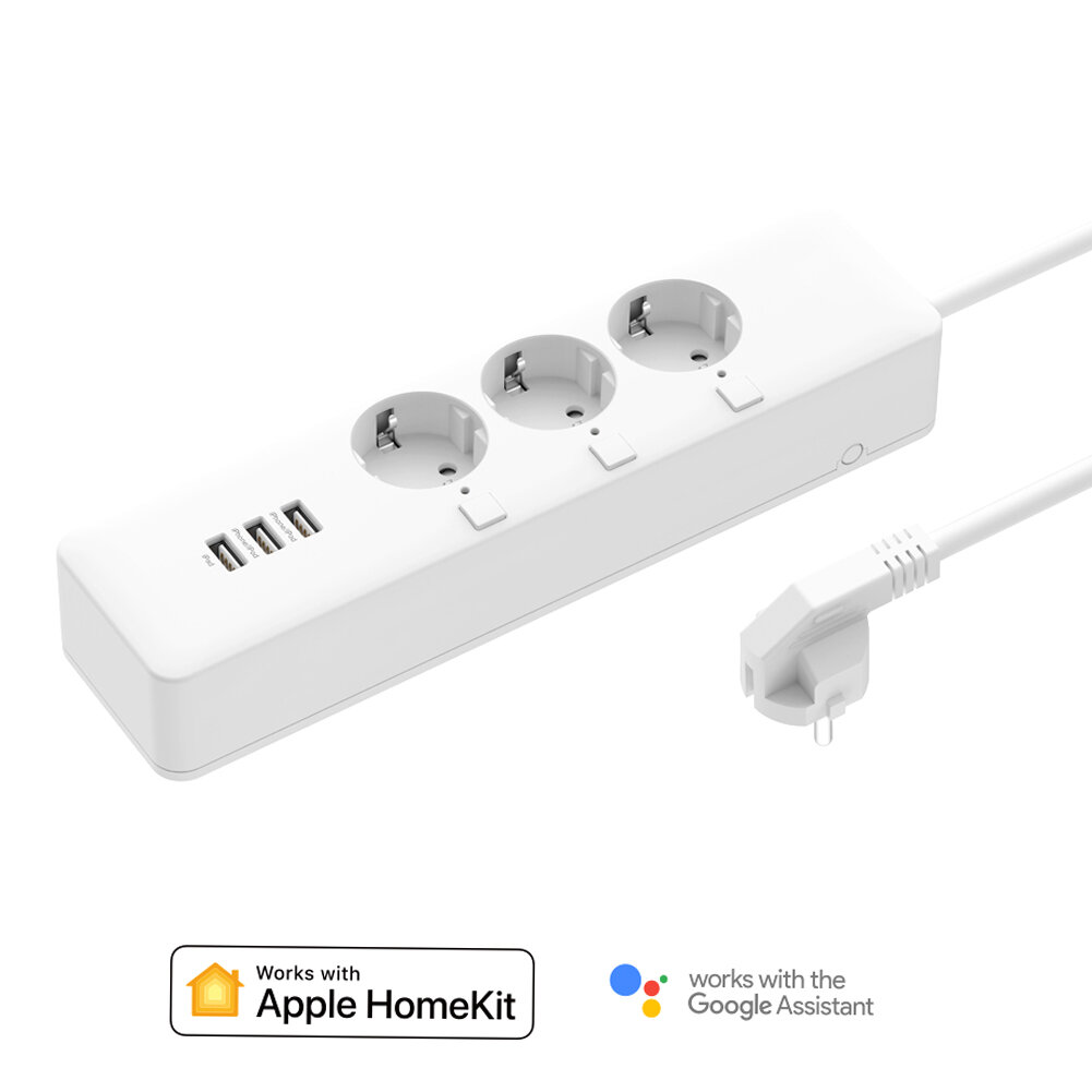 Розетка умная Wi-Fi с защитой от перегрузок, 3 розетки с индивидуальным управлением, совместима с Apple HomeKit и Google Assistant, голосовое управление, дистанционное управление, USB-зарядка, кабель 5 футов, евроразъем, белый