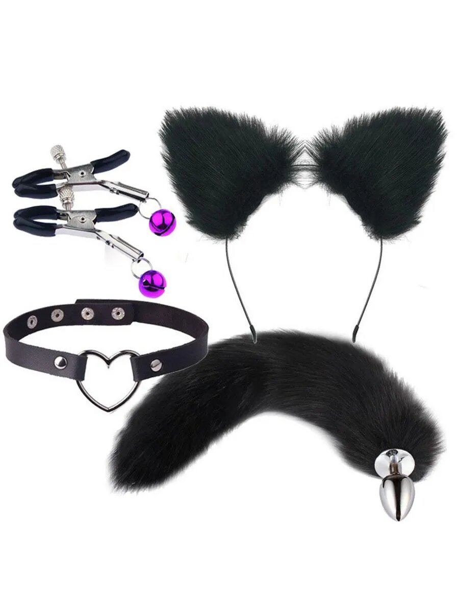 Набор для БДСМ, анальная пробка, ушки кошки, чокер, зажимы