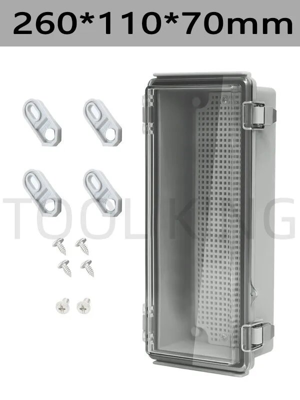 ABS Электрическая коробка, Водонепроницаемая прозрачная крышка IP67, Распределительная коробка с защелкой из нержавеющей стали, Настенные кронштейны, Кабельные вводы,260x110x70 мм