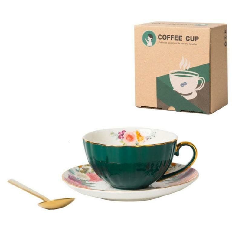 Керамическая кружка с блюдцем, винтажный узор, зеленая коробка из воловьей кожи 6