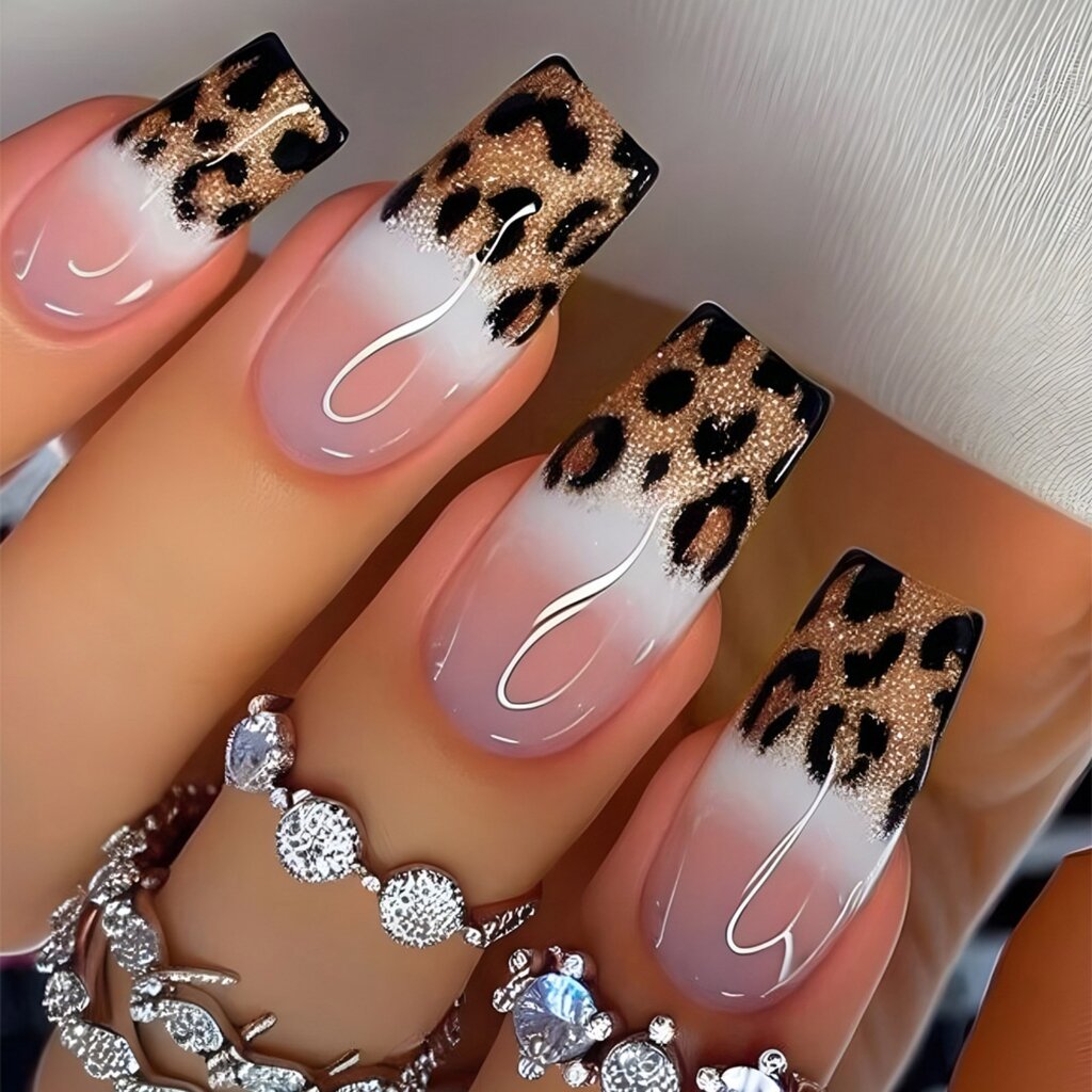 24шт Пресс-На Ногтях Блестит Леопардовый Дизайн Полное Покрытие Акриловых Накладных Ногтей Искусственный Маникюр для Ногтей Nail Art для Женщин