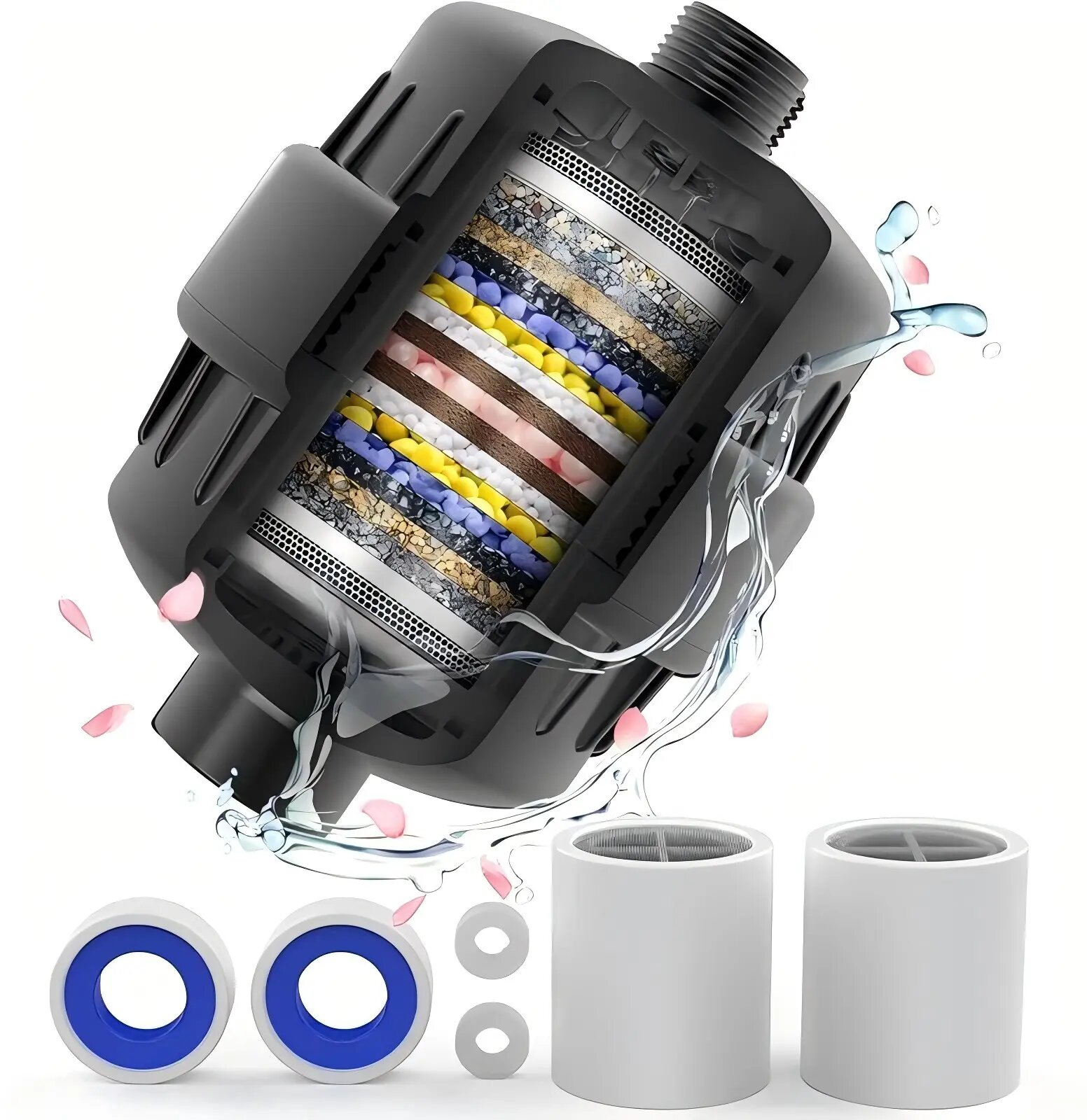 Фильтр для душа AntiCl, против хлора, компактный и надежный，2 сменных картриджа,20 слоев，черный