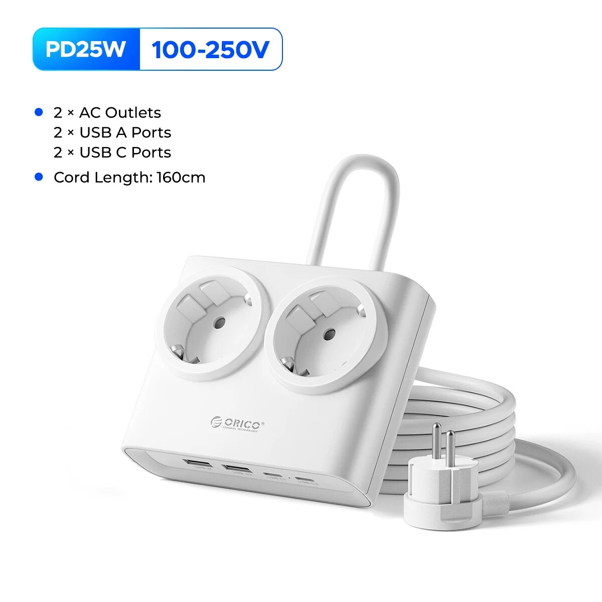 ORICO PD25W удлинитель, 2x AC, 2x USB-A, 2x USB-C, 160см, белый