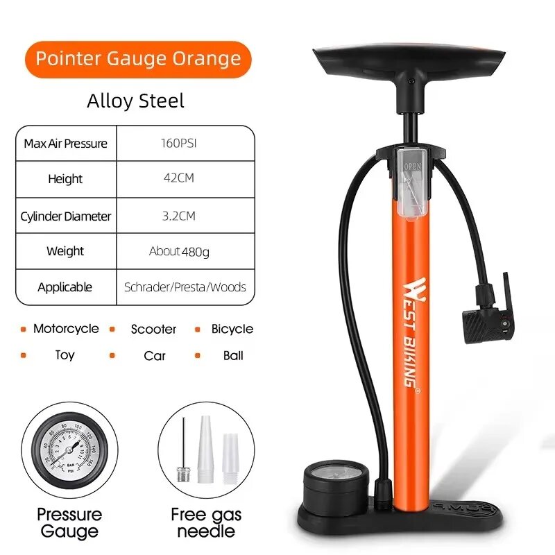 Велосипедный ручной насос West Biking 160PSI с манометром Оранжевый, Guage Orange