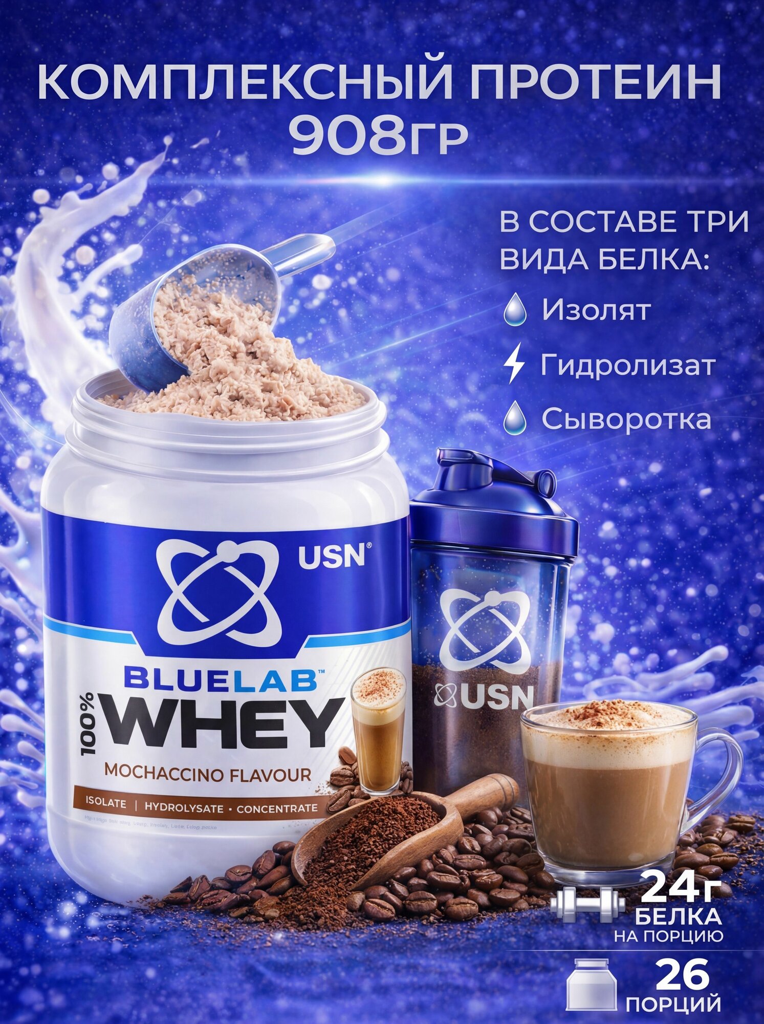 USN Протеин сывороточный, BlueLab Whey 908 грамм (Моккачино)