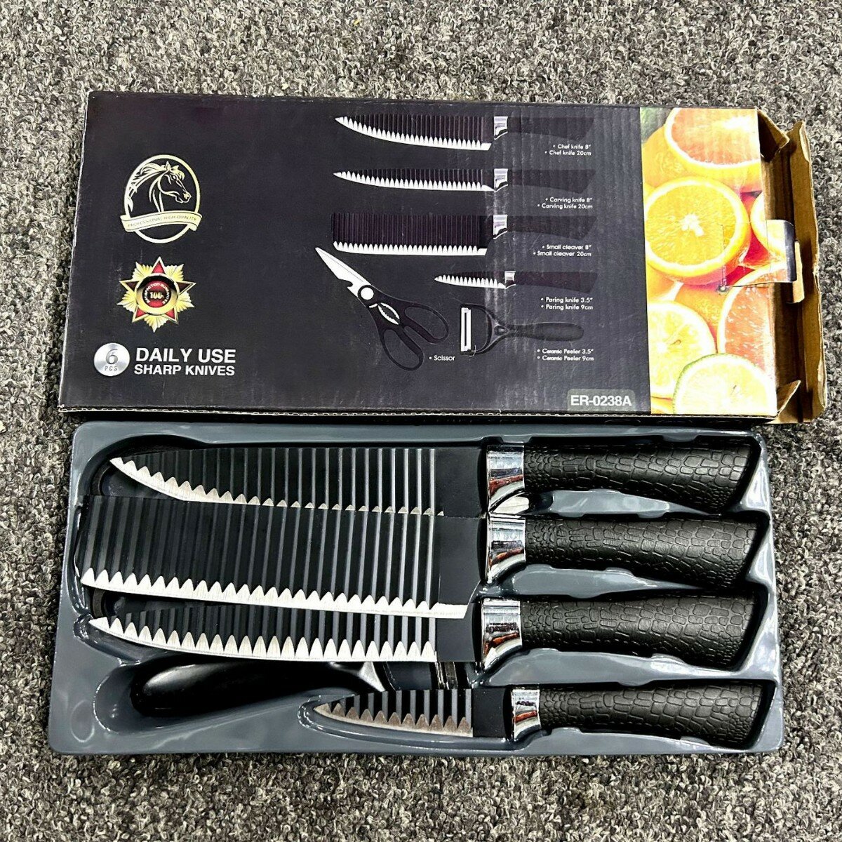 Горячая распродажа 238A Набор из шести ножей с черным волнообразным узором, антипригарные ножи для нарезки мяса, кухонный набор ножей