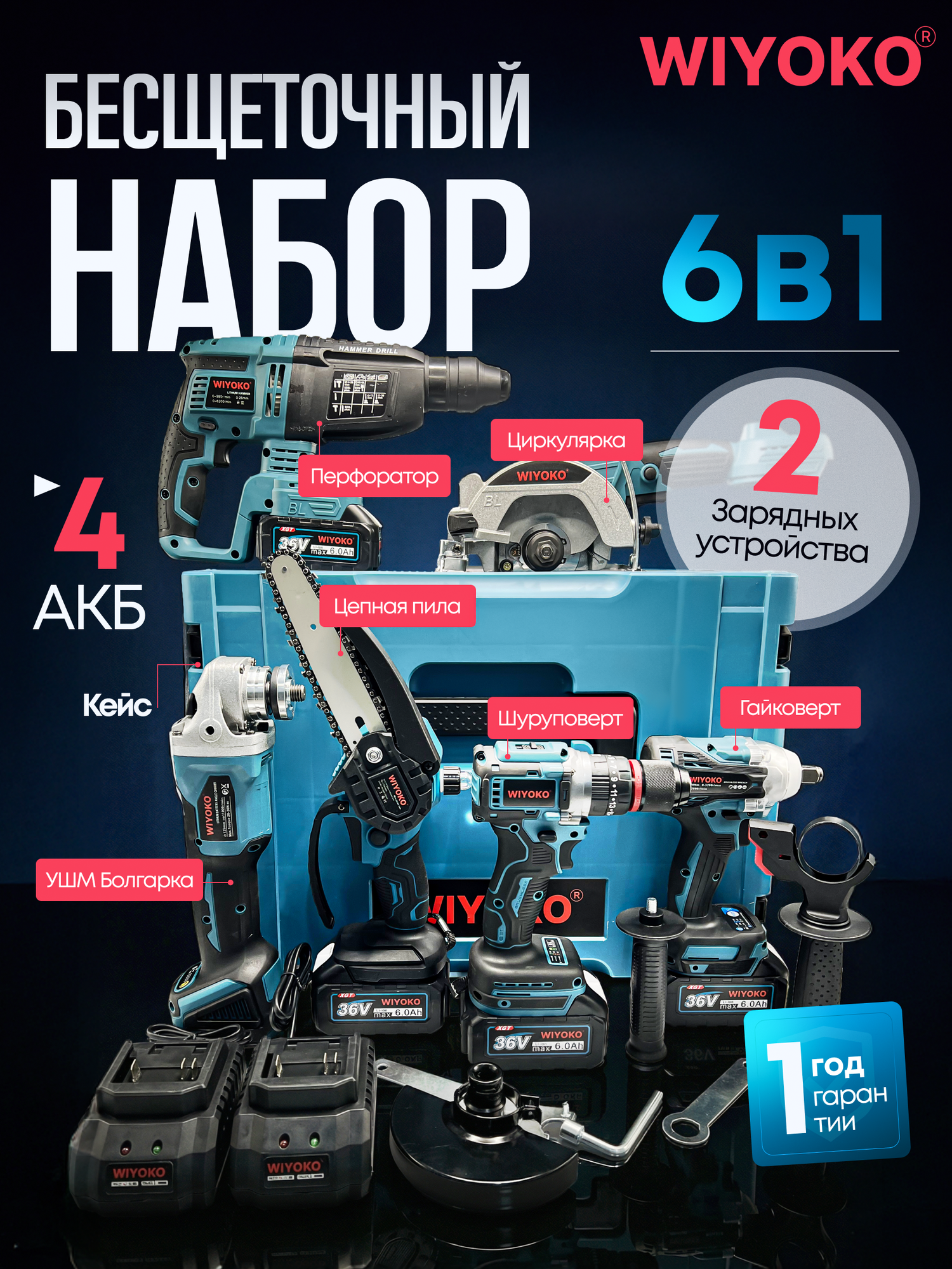 Набор электроинструментов, 6 в 1, аккумуляторные, Li-Ion 6 Ач, голубой/черный, 16,5 кг