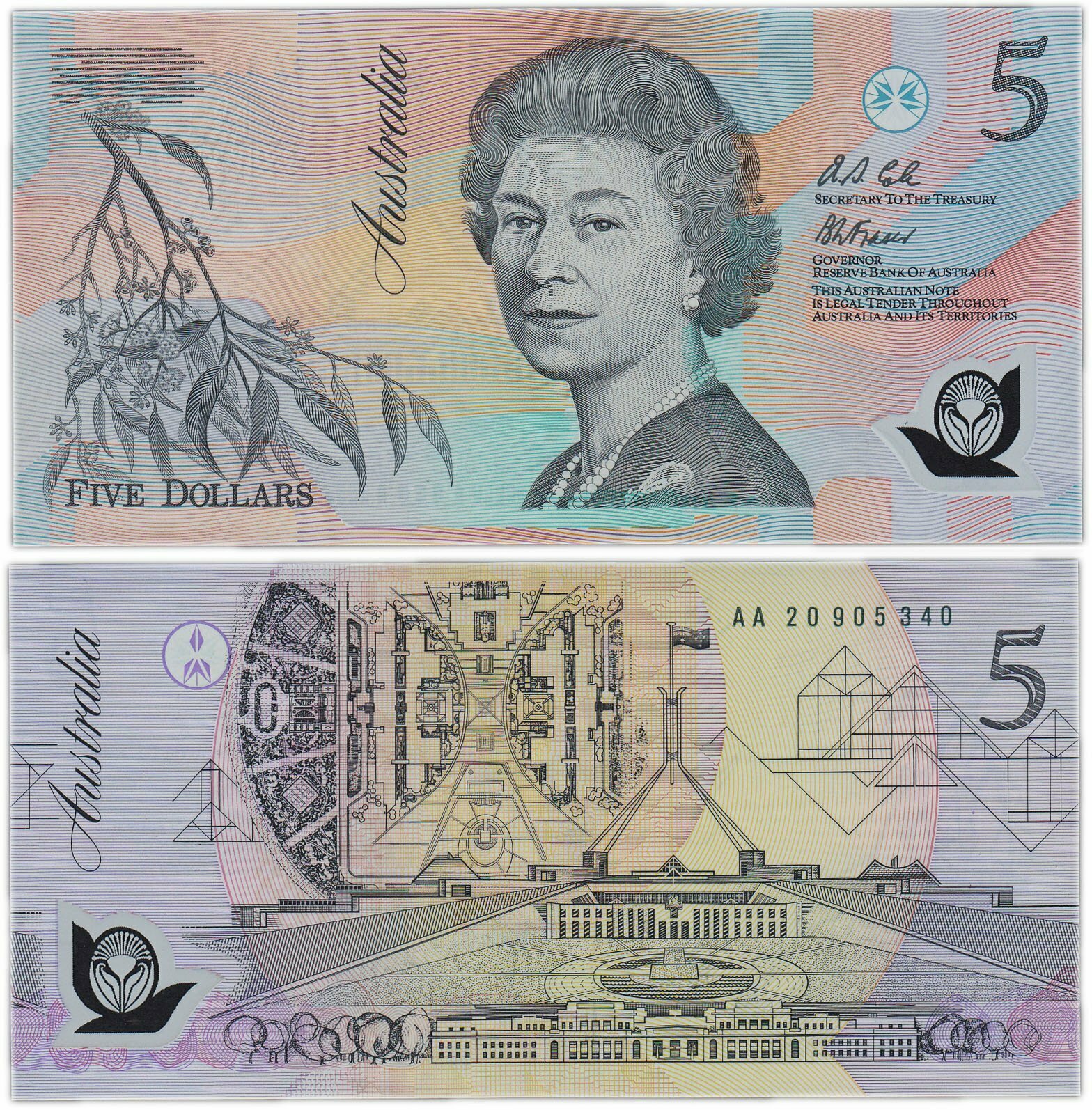 Австралия - 5 долларов 1992 "Старый и новый Парламент, Канберра Елизавета 2" Pick 50а полимер