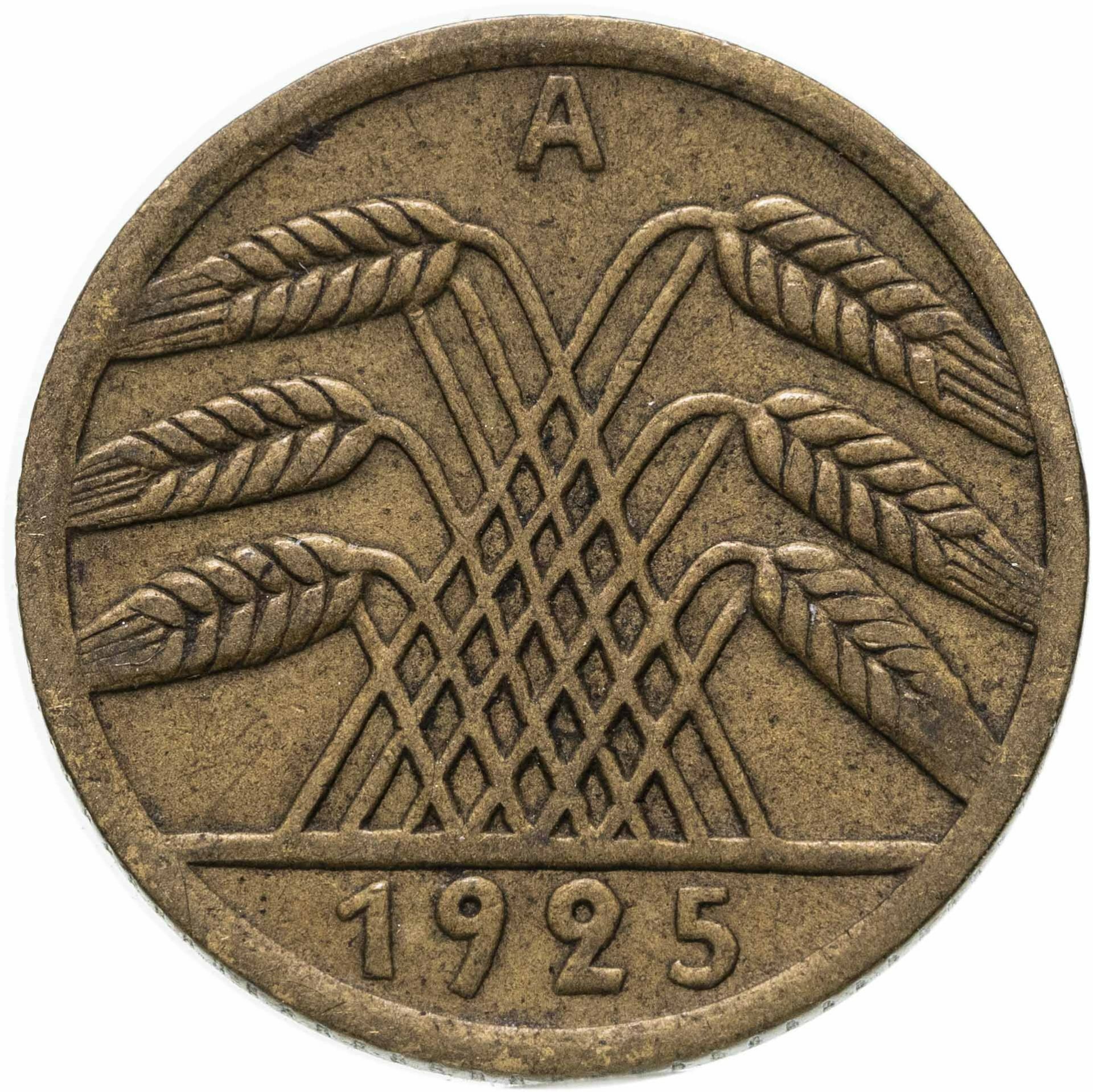 Германия 5 рейхспфеннигов reichspfennig 1925, знак монетного двора "A" — Берлин, Бронза, в сохранности VF