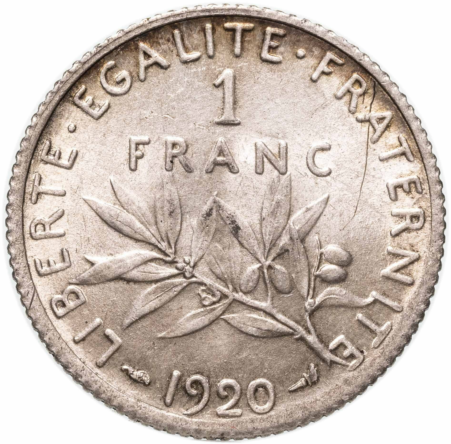 Франция 1 франк 1920, Серебро 835, в сохранности AU-UNC
