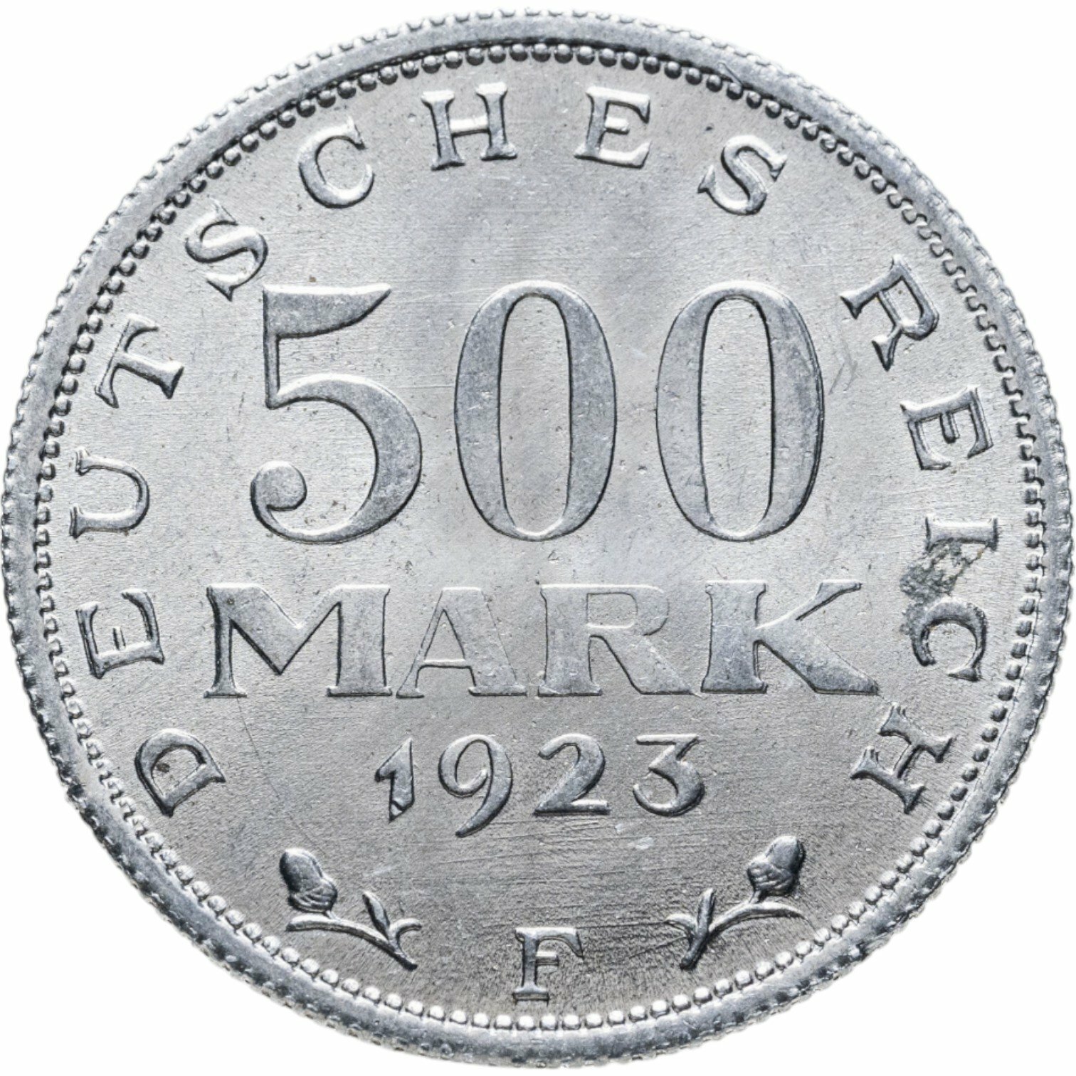 Германия 500 марок mark 1923, знак монетного двора "F", Алюминий, в сохранности UNC