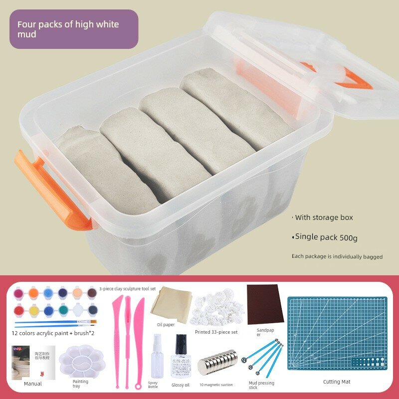 Набор белой глины DIY 2кг в контейнере с 5 аксессуарами, красками, палитрой, лаком, пульверизатором, руководством, 33
