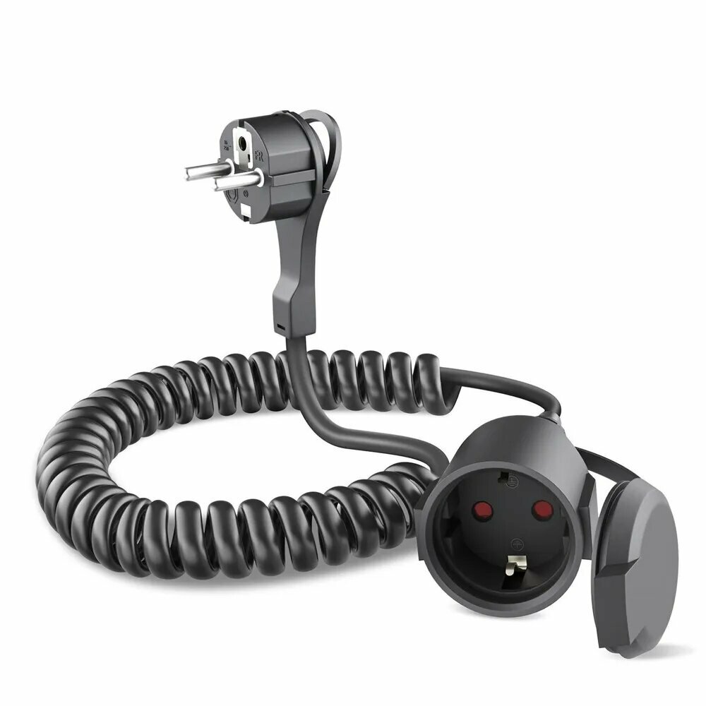 HITRENDS Пружинный кабель PVC (евро с крюком) 2м 1мм черный - гибкий провод для розеток, удлинителей и переносок