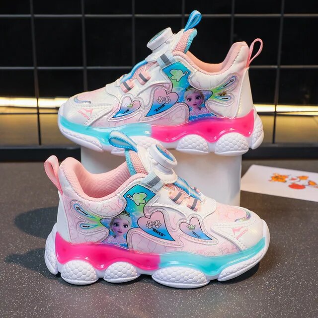 Кроссовки для девочек Disney, весна-осень, принцесса Эльза, вращающиеся кнопки, розовые, фиолетовые, размер 24-37