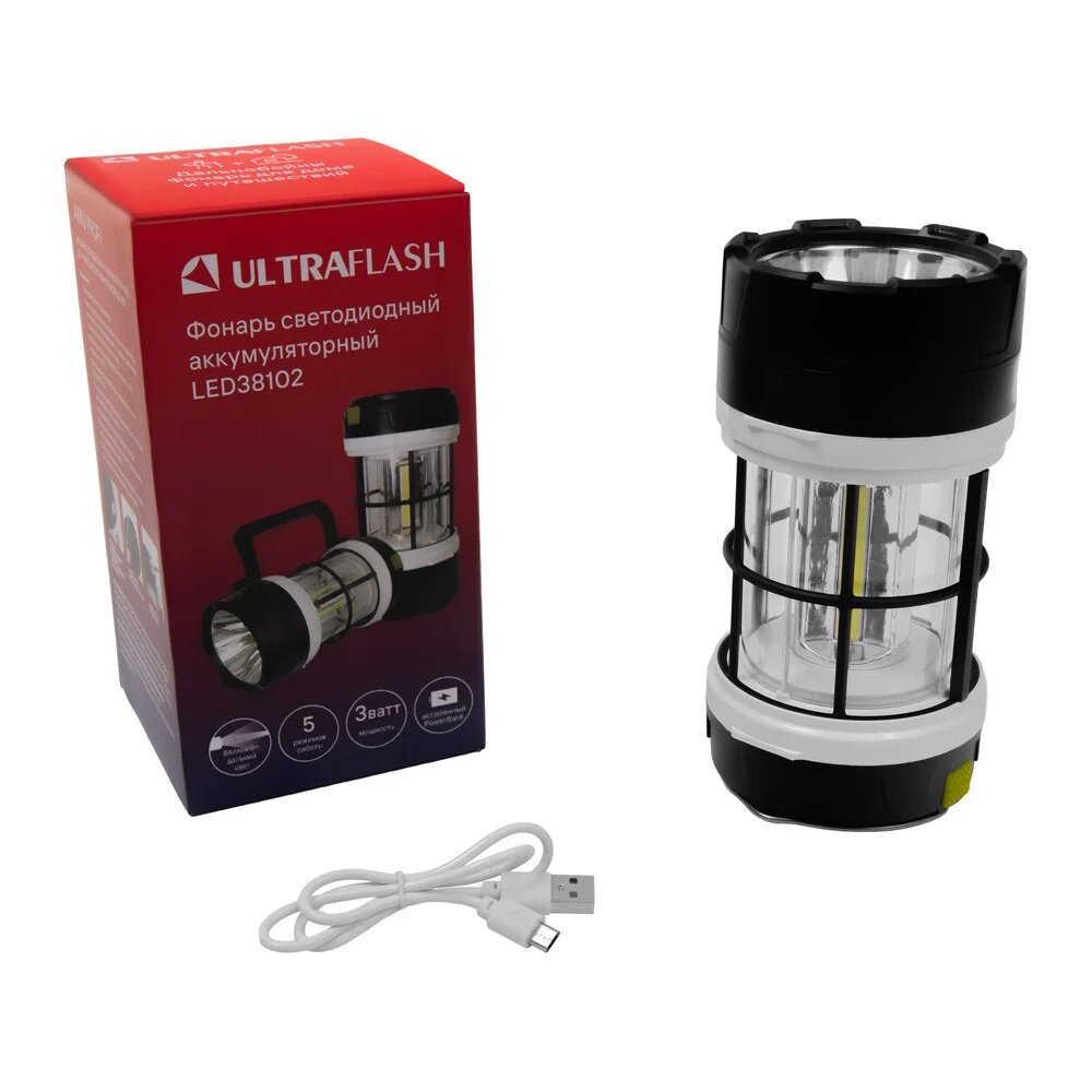 Фонарь аккумуляторный Ultraflash LED38102 черн./бел, LED+3COB, 5 реж, Micro-USB, PowerBank, пластик, кор. 15952