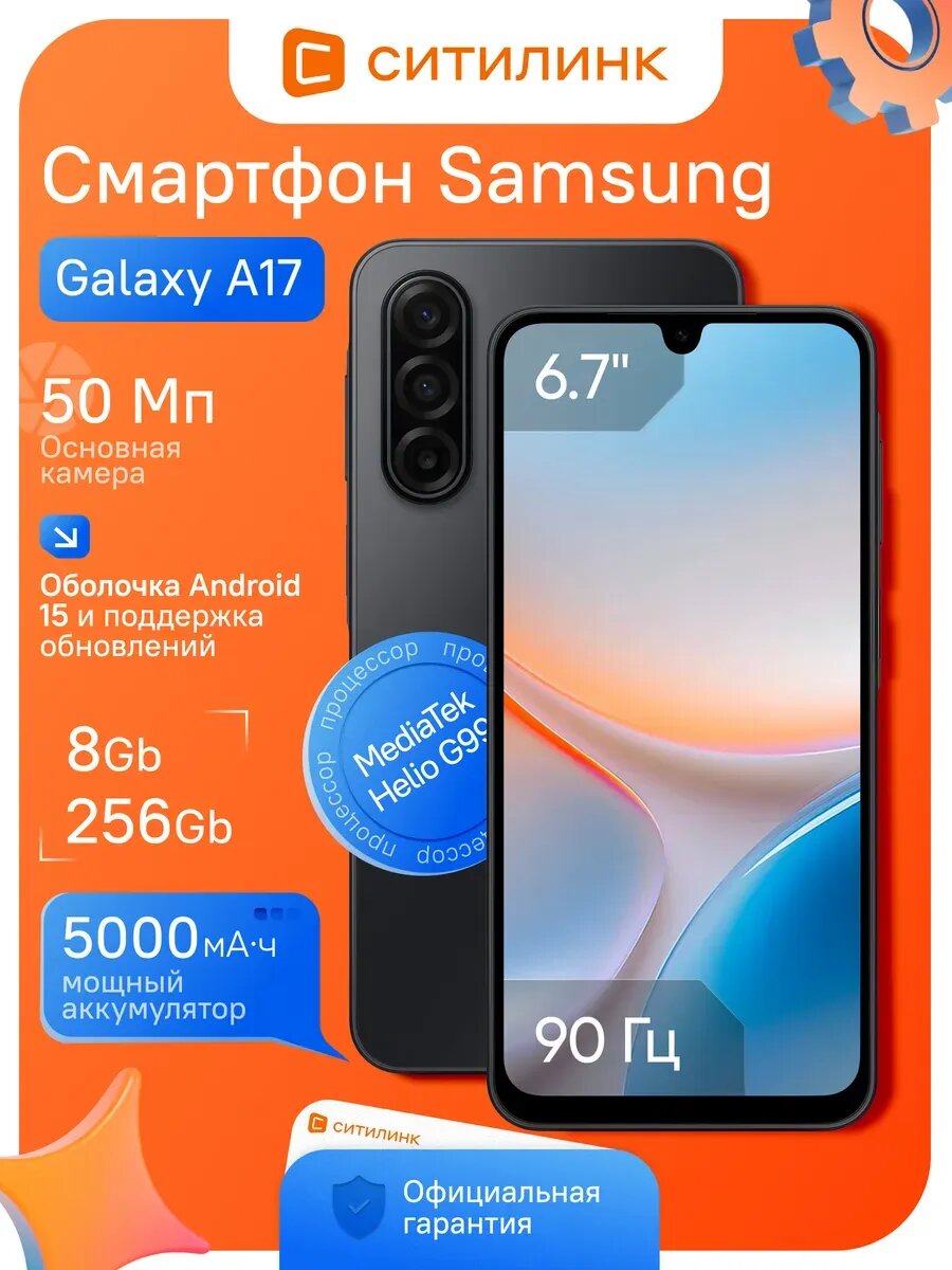 Смартфон Samsung Galaxy A17 SM-A175F, 6.7" Super AMOLED 90Гц, 8/256Гб, 50Мп, NFC, 5000мАч, черный, Android 15, MediaTek Helio G99