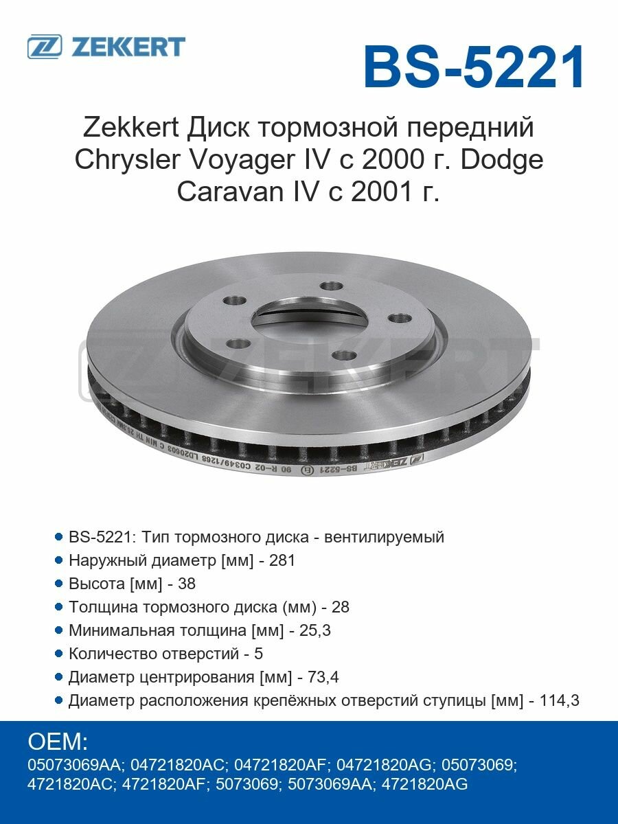 Zekkert Диск тормозной передний Chrysler Voyager IV с 2000 г. Dodge Caravan IV с 2001 г.