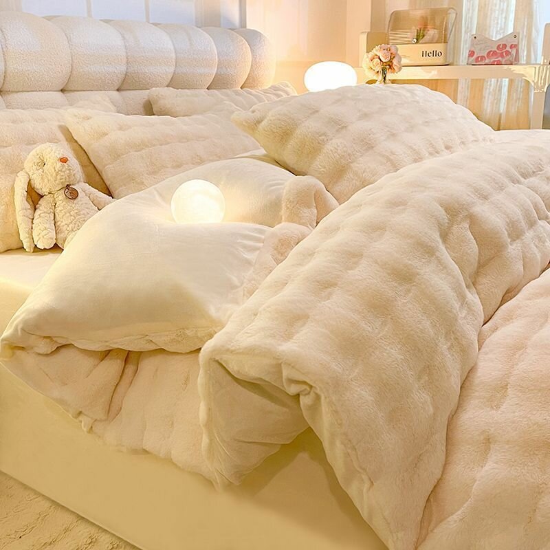 Пододеяльник из кроличьего меха, цельный, комплект из четырех предметов из утолщенного молочного велюра, плюшевый фланелевый пододеяльник, плюшевая простыня из кораллового флиса для зимы.