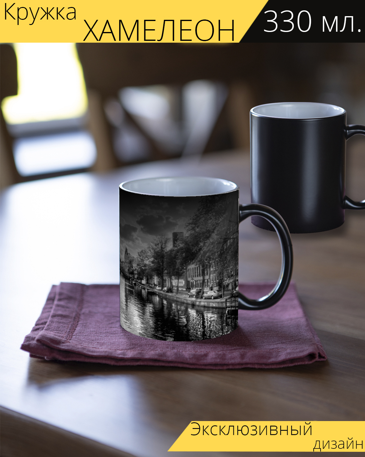 Кружка хамелеон с принтом "Амстердам, канал, черное и белое" 330 мл.