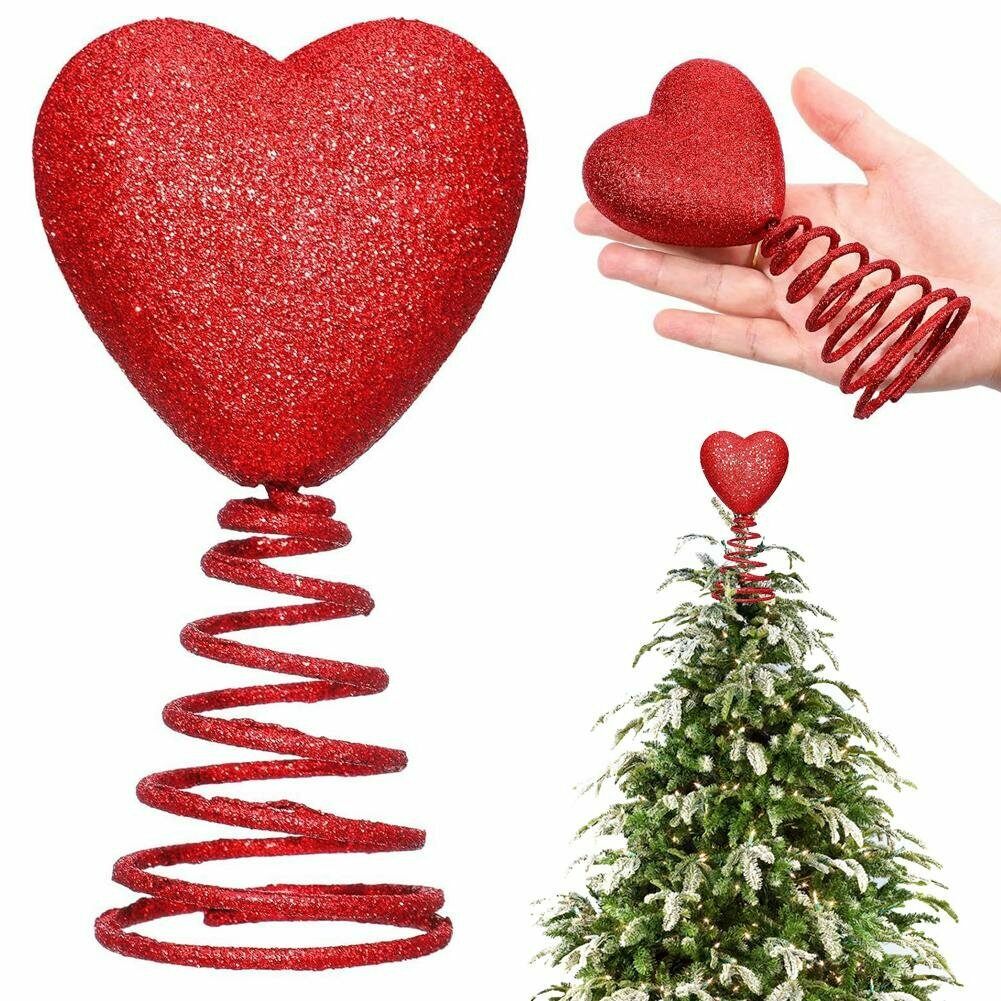 Миниатюрная верхушка для елки в виде красного сердечка с блестками ко Дню святого Валентина, креативное украшение в виде сердечка на спиральной подставке для мини-елок, свадебного торжества, вечеринки, дома и праздничного декора.