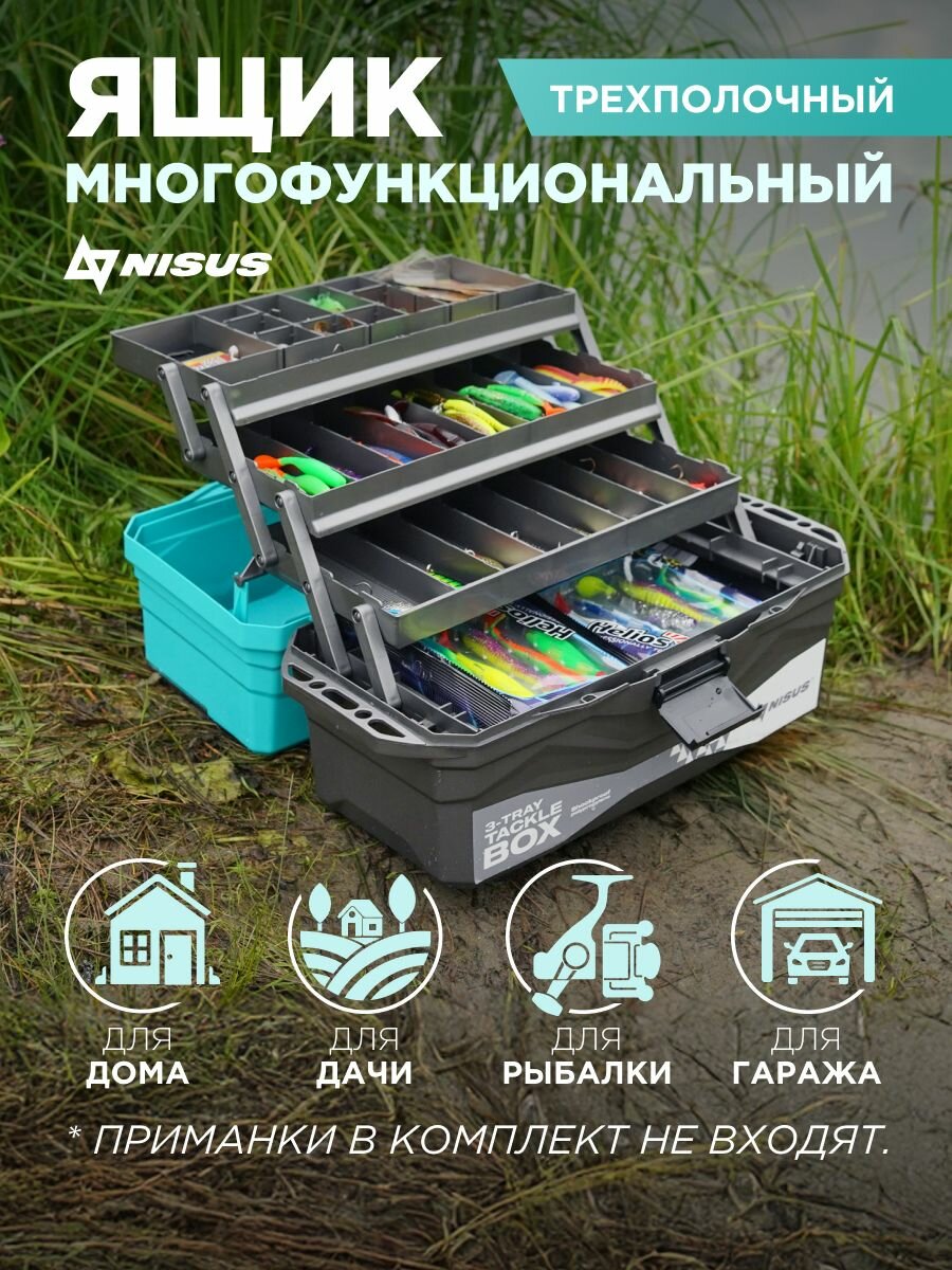 Ящик многофункциональный, ящик рыболовный летний Tackle Box, органайзер для хранения снастей и рыбалки трехполочный бирюзовый NISUS