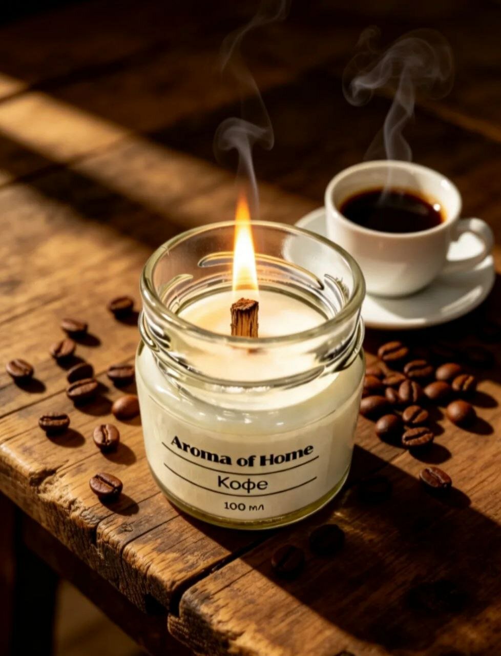 Свеча ароматическая "Кофе" 100 мл, кокосовый воск и деревянный фитиль, Aroma of Home