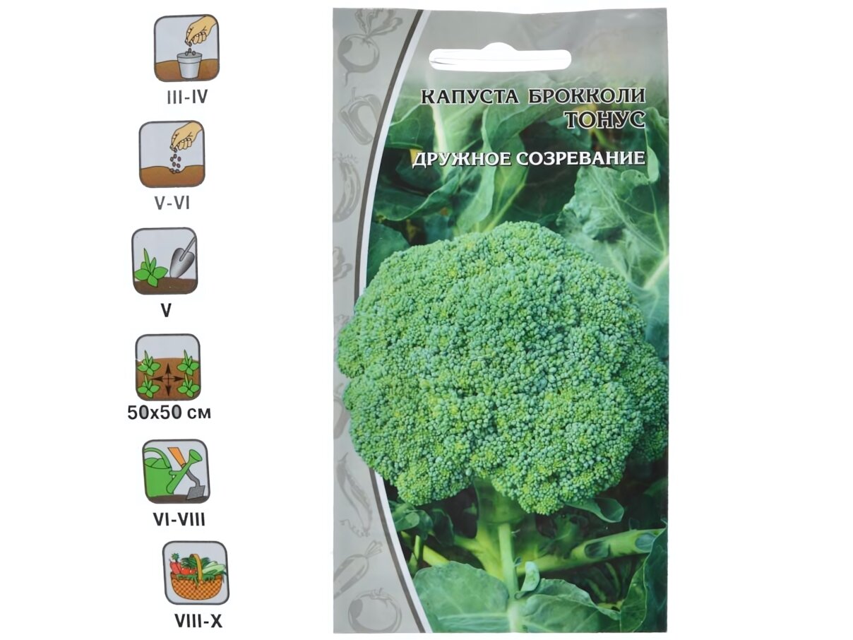 Семена капусты брокколи "Тонус" скороспелая, 0,5г, комплект 10 шт, дружное созревание