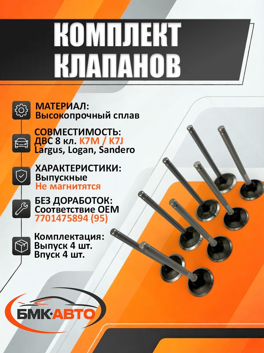 Комплект клапанов 4х4 7701475894-95 впуск и выпуск 8кл. K7J / K7M Lada Largus, Renault Duster, Sandero, Logan бмк-авто