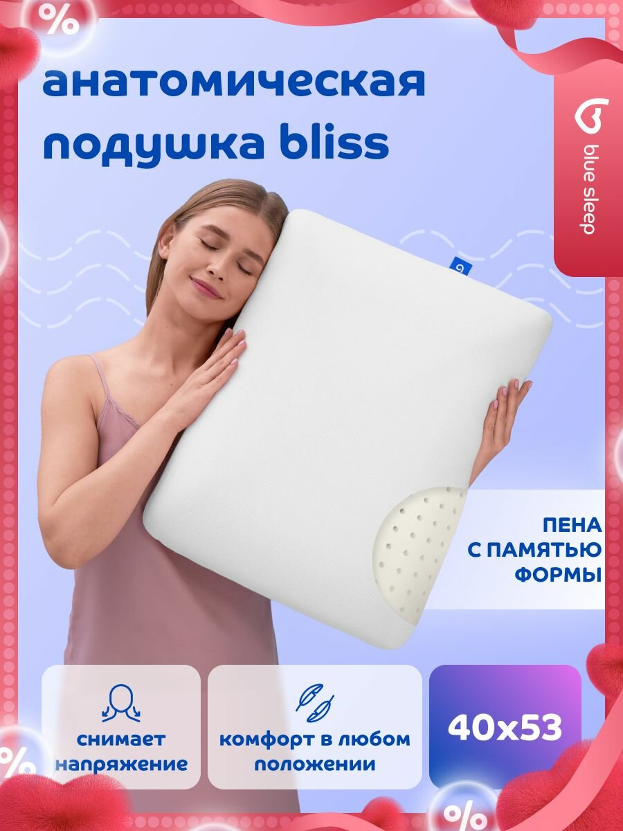 Подушка 40x53 анатомическая для сна, для шеи, с эффектом памяти , Blue Sleep, Bliss