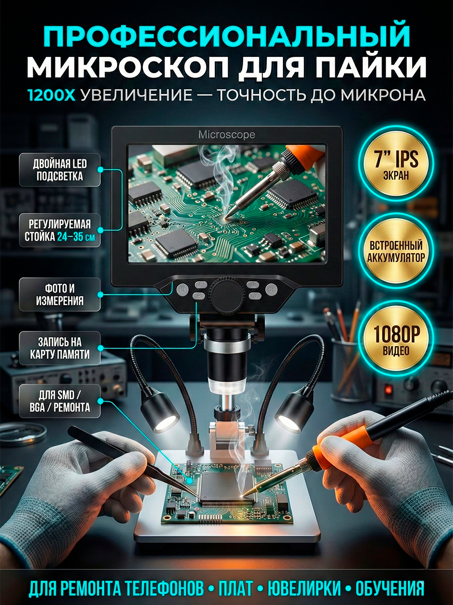 Цифровой микроскоп для апайки с экраном, профессиональный 1200х