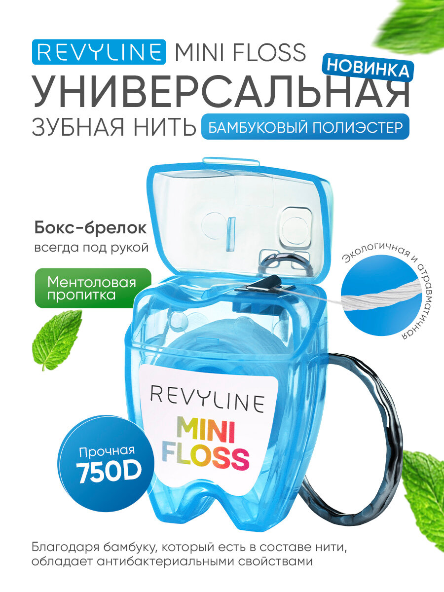 Зубная нить Revyline Mini Floss, вощеная, мятная с бамбуком, 15 м, дорожный брелок, синий