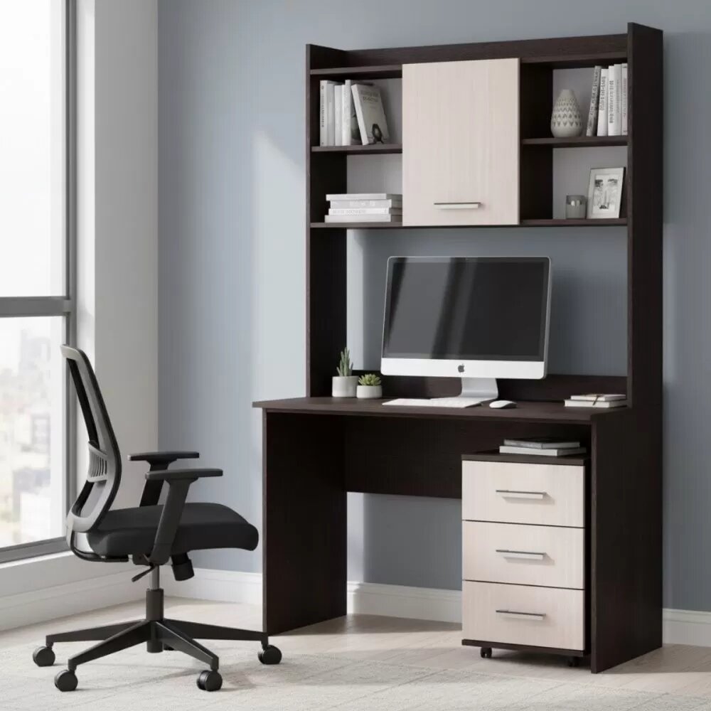 Компьютерный стол Памир ПКС-9 Венге/Дуб белфорт, выкатная тумба, надстройка