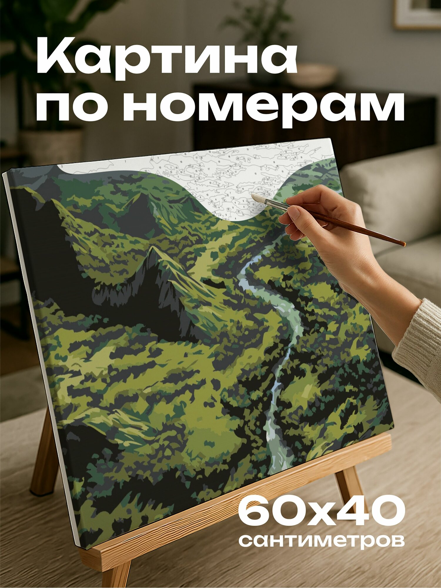Картина по номерам 60x40 см, аэрофотоснимок, природная красота, зеленые леса, извилистые реки, величественные горы