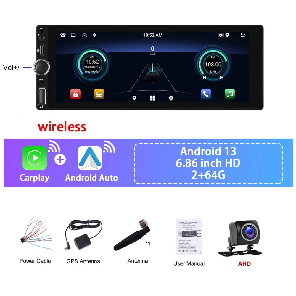 Автомагнитола Podofo 1 Din, Android, Carplay, MP5/2 + 64 ГБ, Bluetooth, 6,86 2 64G with Knob AHD