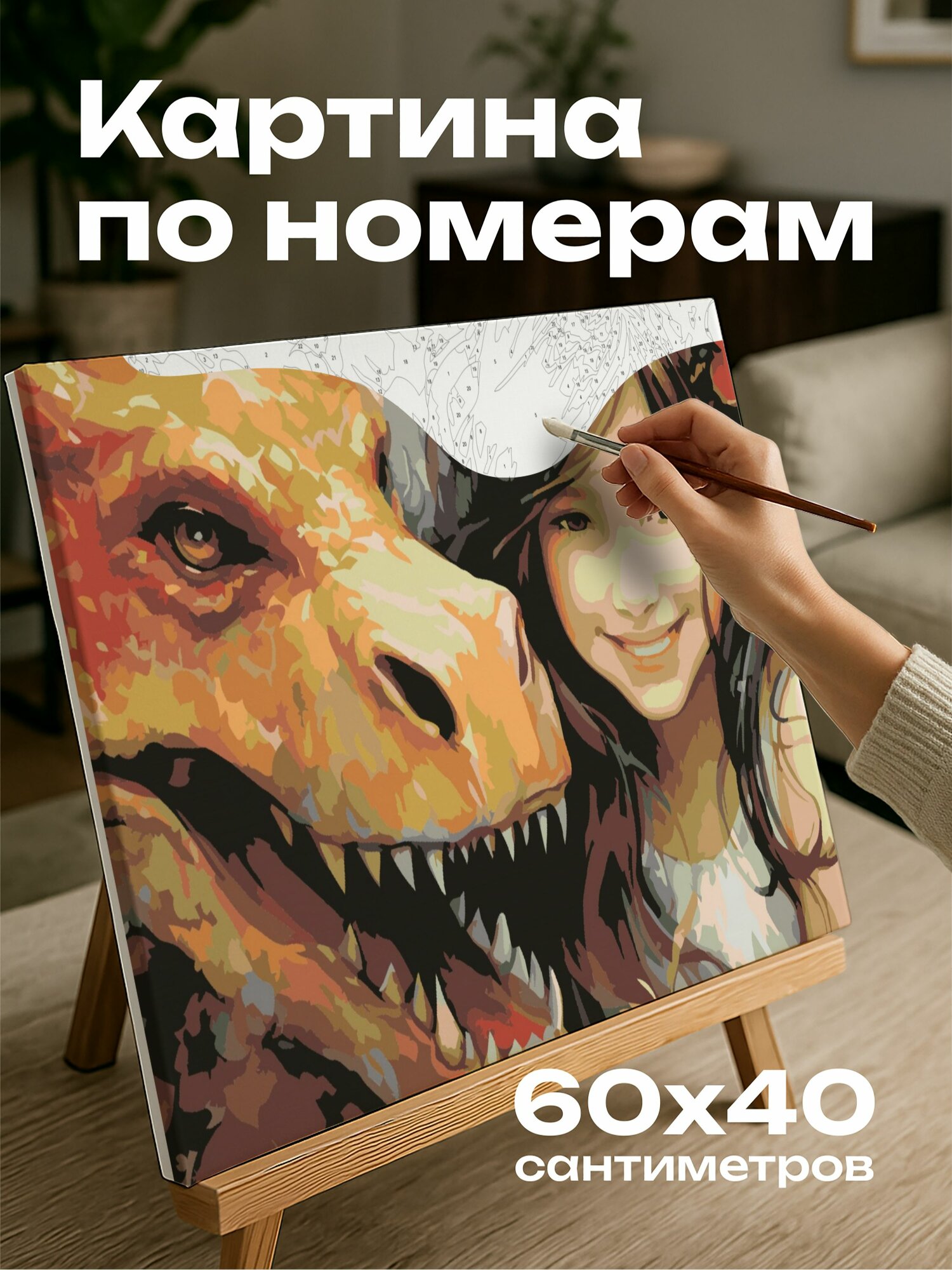 Картина по номерам 60x40 см, девушка, улыбка, дракон, луг, секреты, истории