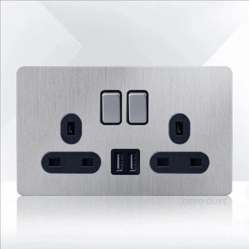Розетка Depo Guye 2Gang 13A 2USB, нержавеющая сталь