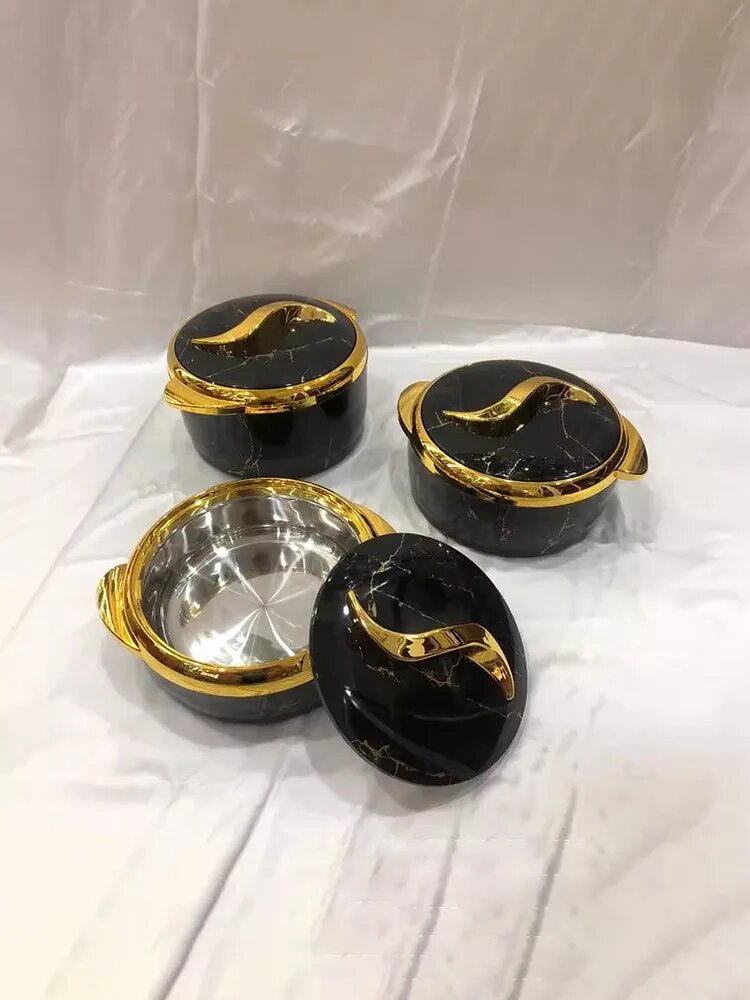 Термокастрюля набор из трех термоконтейнеров для еды с золотистой отделкой