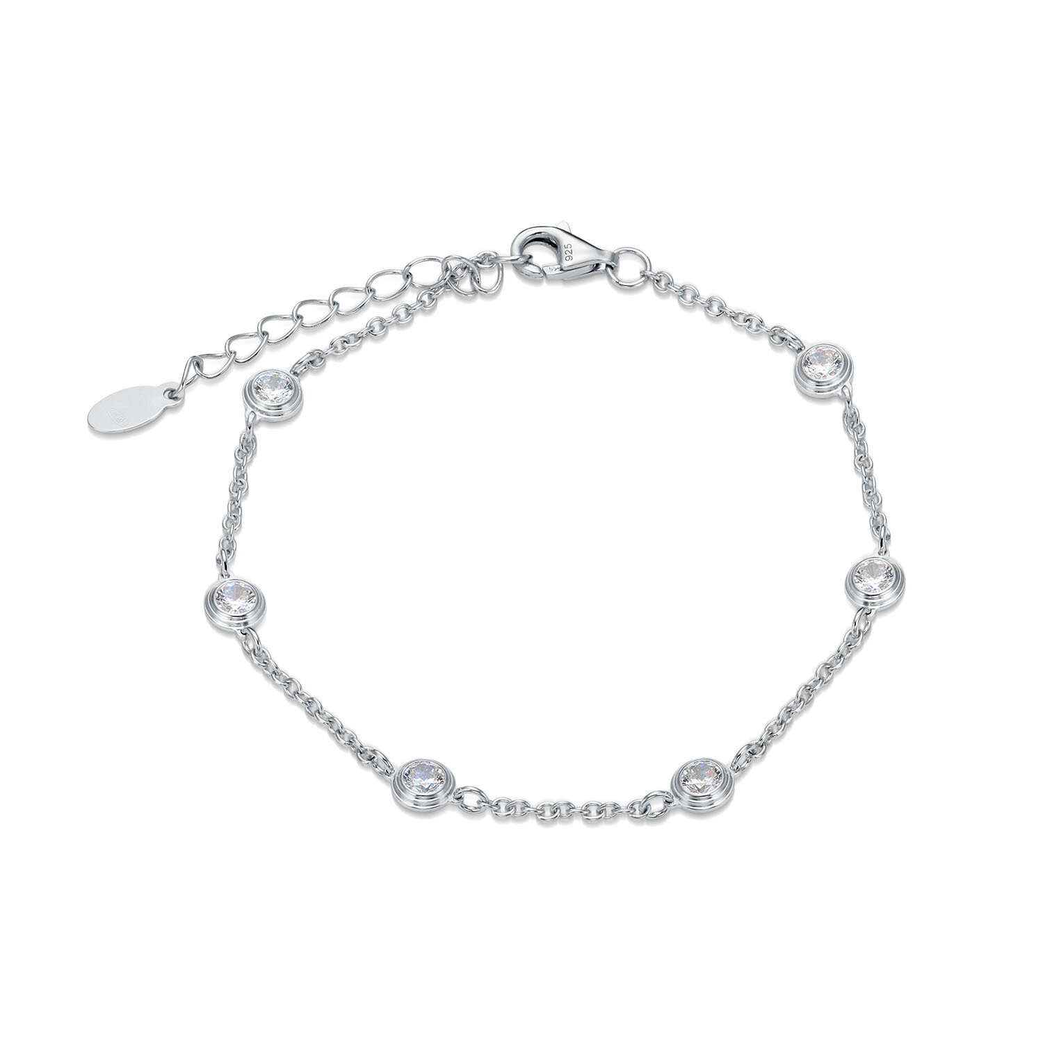 Браслет-цепочка, серебро, 925 проба, родирование, фианит