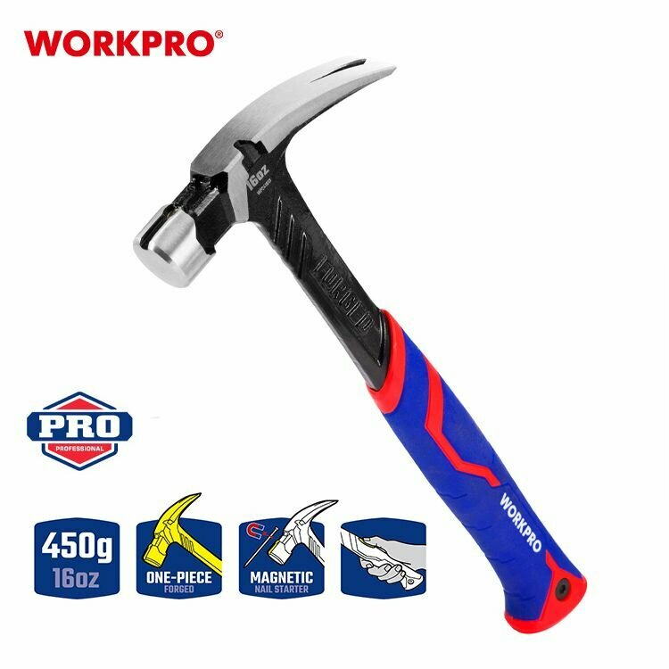 Молоток с металлической обрезиненной рукояткой 450г WORKPRO
