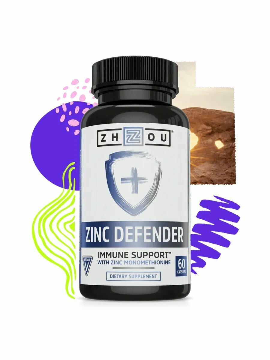 БАД Zhou Nutrition "Zinc Defender", цинк, витамин В6, 30мг, 60капсул