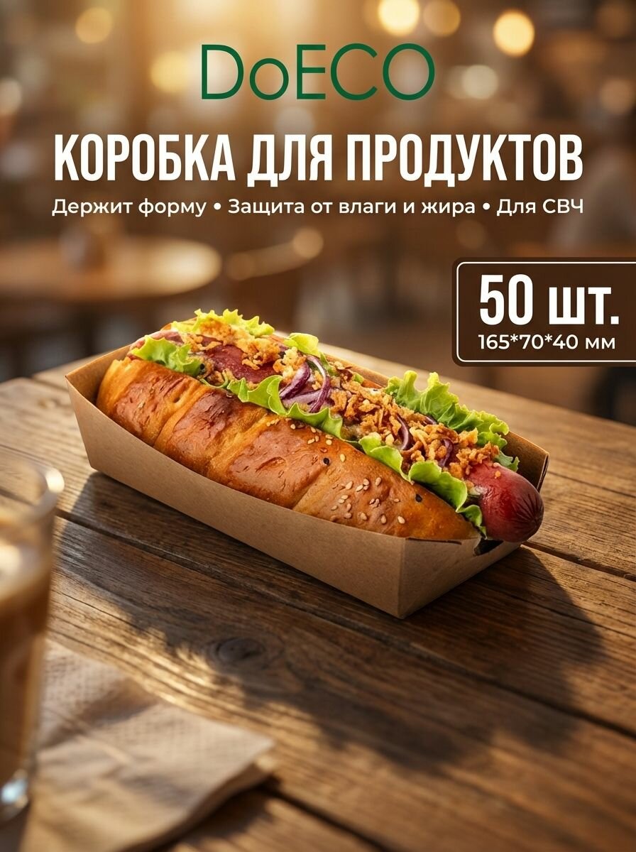 Лоток картонный для фаст-фуда DoECO ECO HD 165х70х40 мм, Крафт с ламинацией, 50 шт.