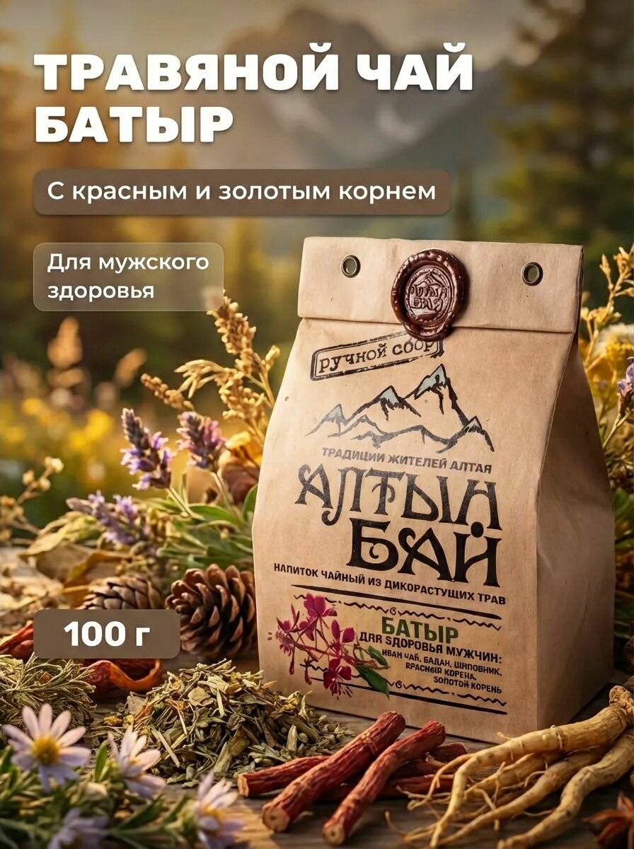 Напиток чайный Батыр для здоровья мужчин из дикорастущих трав Алтая с красным и золотым корнем, 100 г
