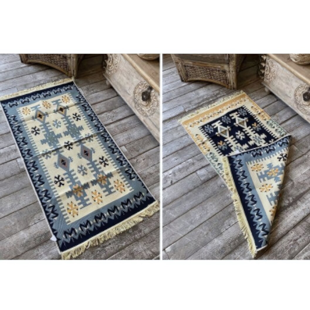 Коврик интерьерный двухсторонний 60х90 см с бахромой, хлопковый, бежево-синий узор