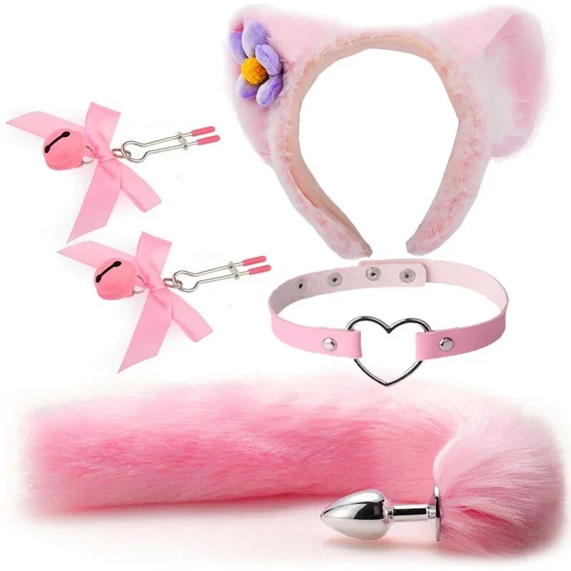 4 шт, милая анальная пробка с лисьим хвостом, повязки на голову с кошачьими ушками, зажим Pink A