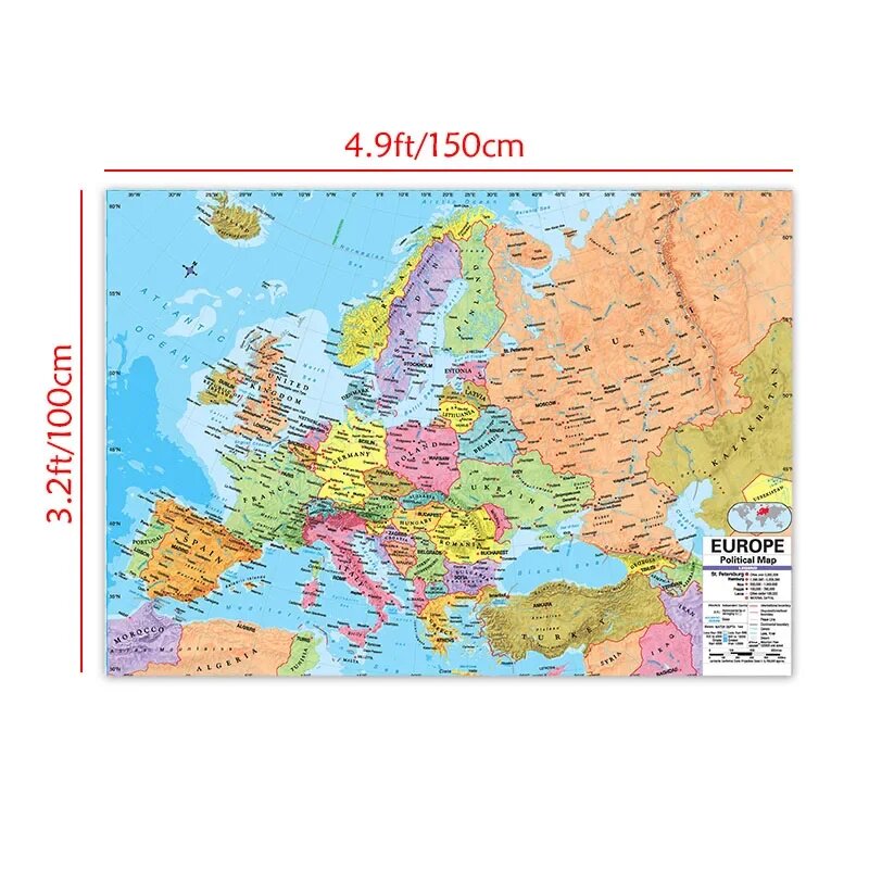 Карта Европы A1/A2 на английском языке 150x100cm